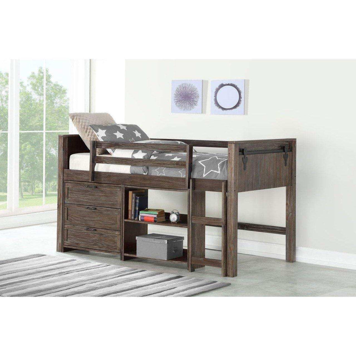 Donco Barn Door Low Loft Bed with Chest and Bookcase in Brushed Shadow ...