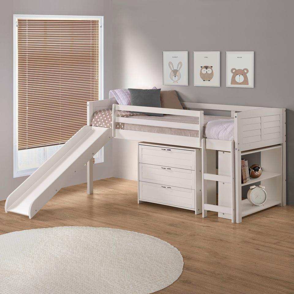 Donco Louver Low Loft Bed with 3 Storage Drawers and Bookcase with Sli ...